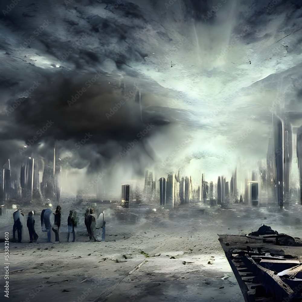 The doomsday scene of earth. Eerie night scene of the aftermath of an ...