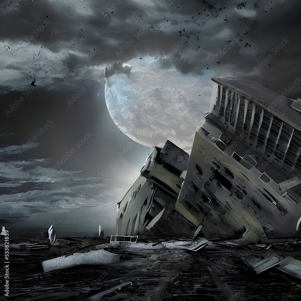 The doomsday scene of earth. Eerie night scene of the aftermath of an ...