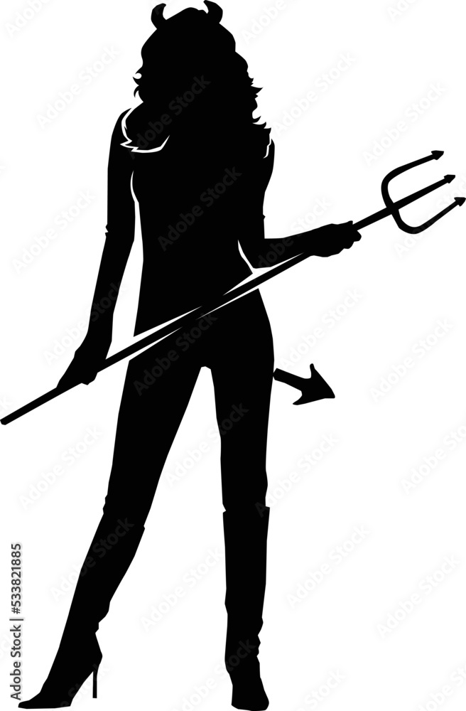 Silhouette of a young slim woman with devil tail and horns on white ...