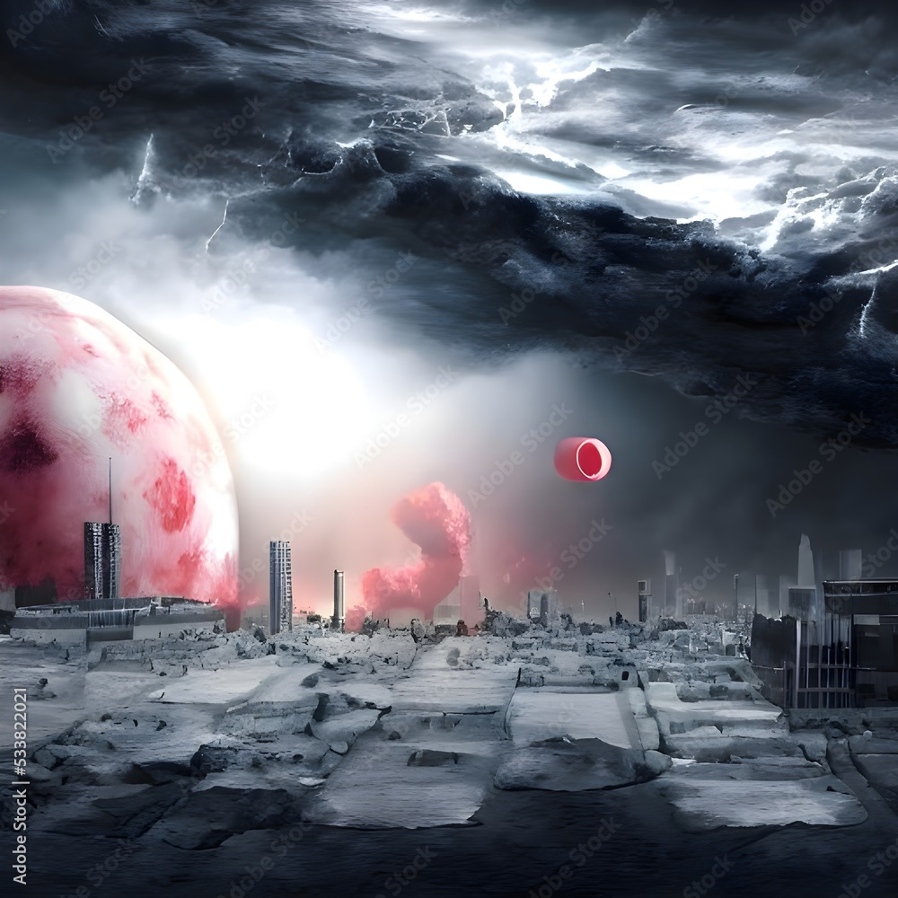 The doomsday scene of earth. Eerie night scene of the aftermath of an ...