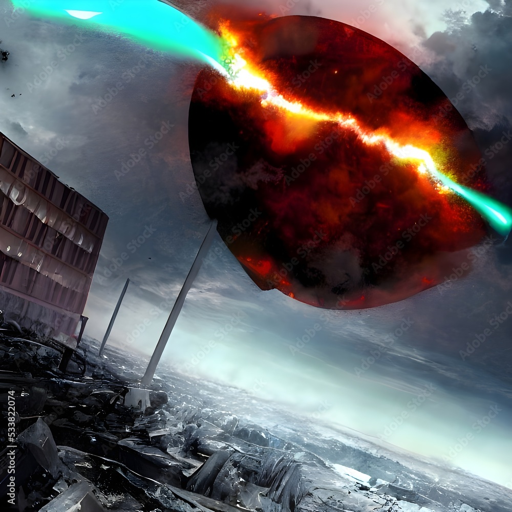 The doomsday scene of earth. Eerie night scene of the aftermath of an ...