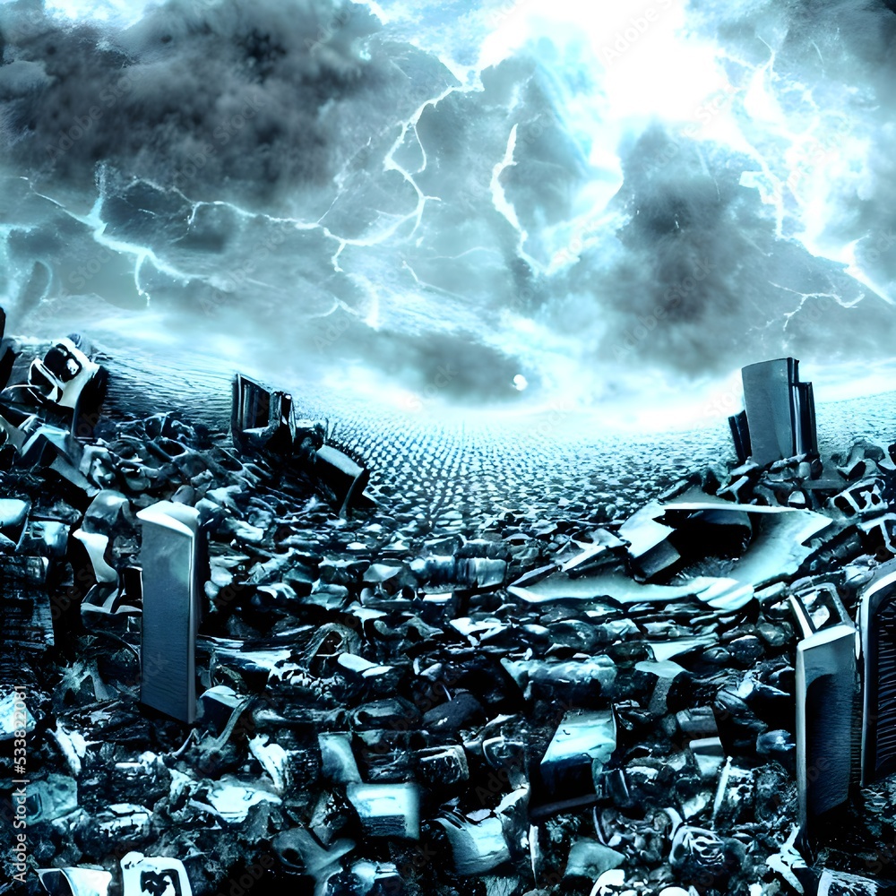 The doomsday scene of earth. Eerie night scene of the aftermath of an ...