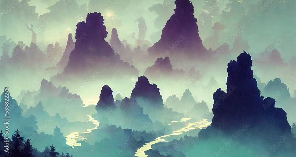 Majestic Land with Mountain Fog Sun and Forest River. Fantasy Backdrop ...