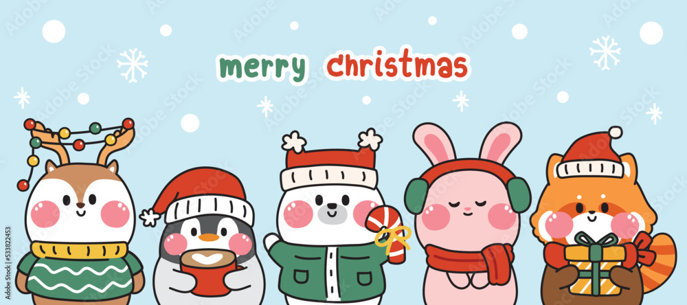 Cute animal wear winter costume on snow background.Merry christmas ...