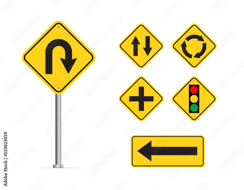 Set of traffic sign isolated on white background. Yellow road signs ...
