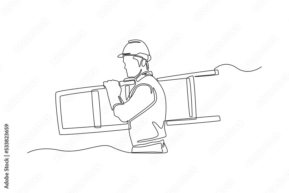 Continuous one line drawing Construction worker carrying a ladder ...
