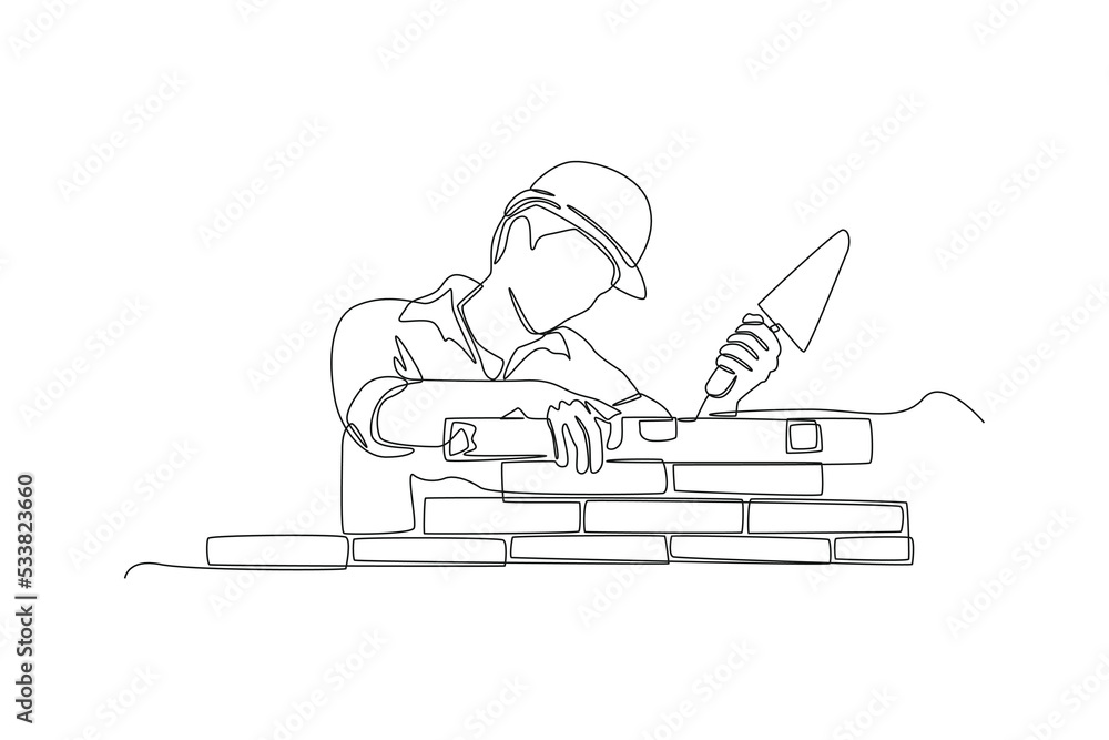 Continuous one line drawing Construction worker lay clay bricks to form ...