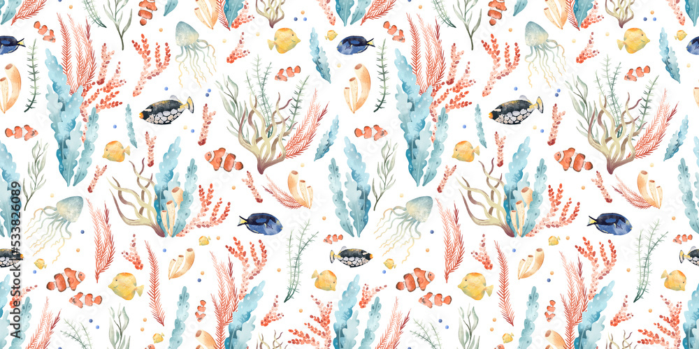 Watercolor hand drawn seamless pattern, colorful illustration of sea ...