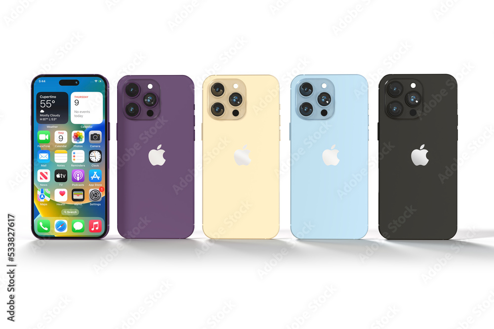 Realistic IPhone 14 Pro Max set with front and back view studio shot ...