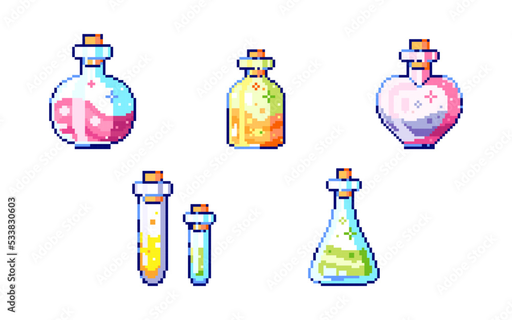 Pixel art 8bit potions set. 8 bit retro game style elixirs in glass ...
