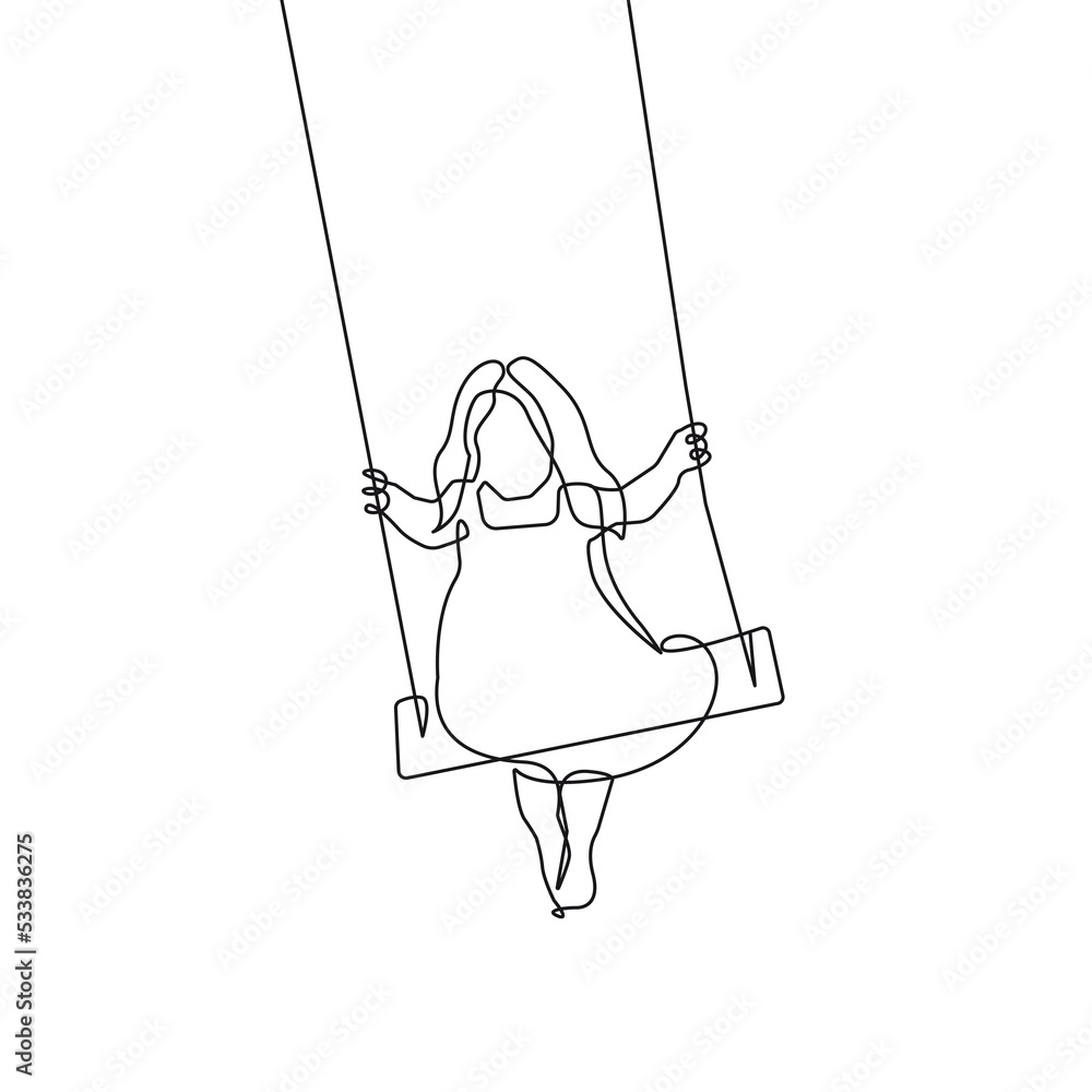 Сhild on Swing Continuous Single Line Drawing. Playing Girl One Line ...