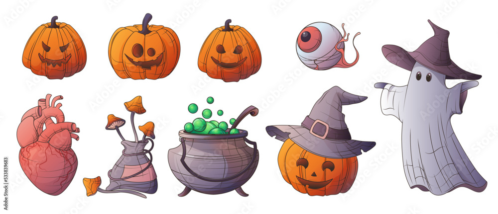 Set of vector illustration of Halloween elements. Pumpkins with scary ...