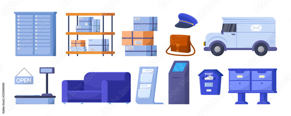 Delivery or post office objects vector illustrations set. Postal indoor ...