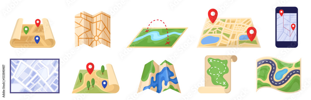 City maps of paper and phone screen vector illustrations set. Cartoon ...