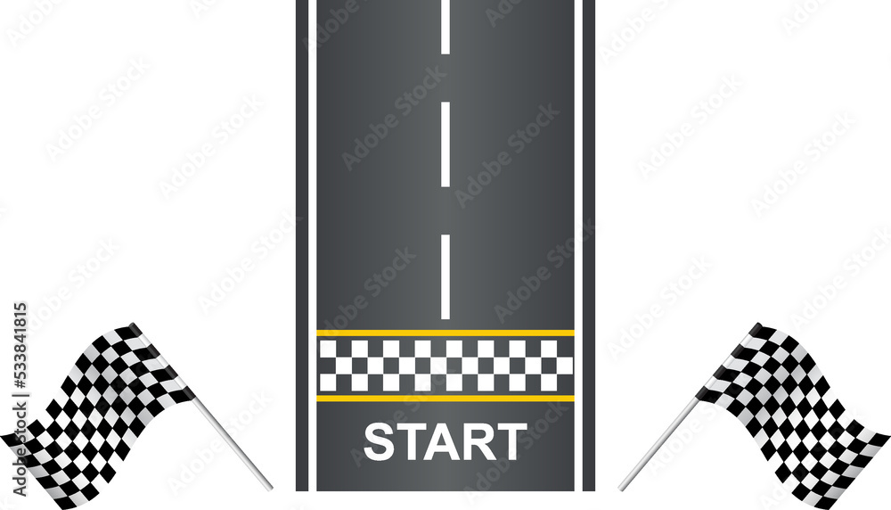 Race track road with flags and start line top view. Road design ...