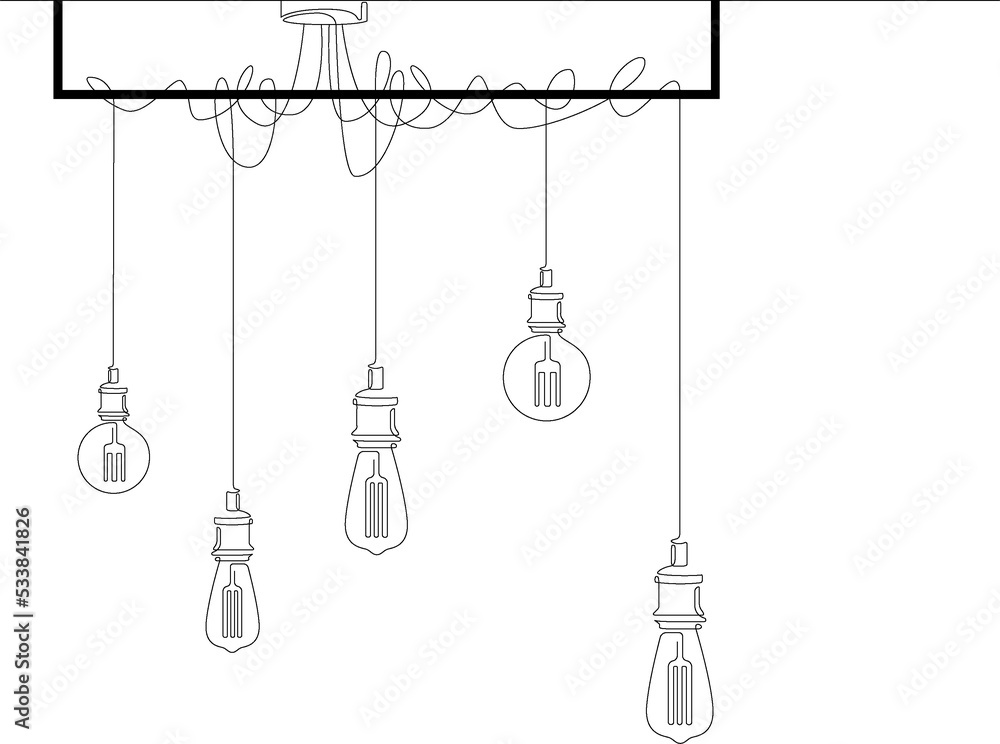Continuous line lamps and Edison bulbs. One single line drawing of ...