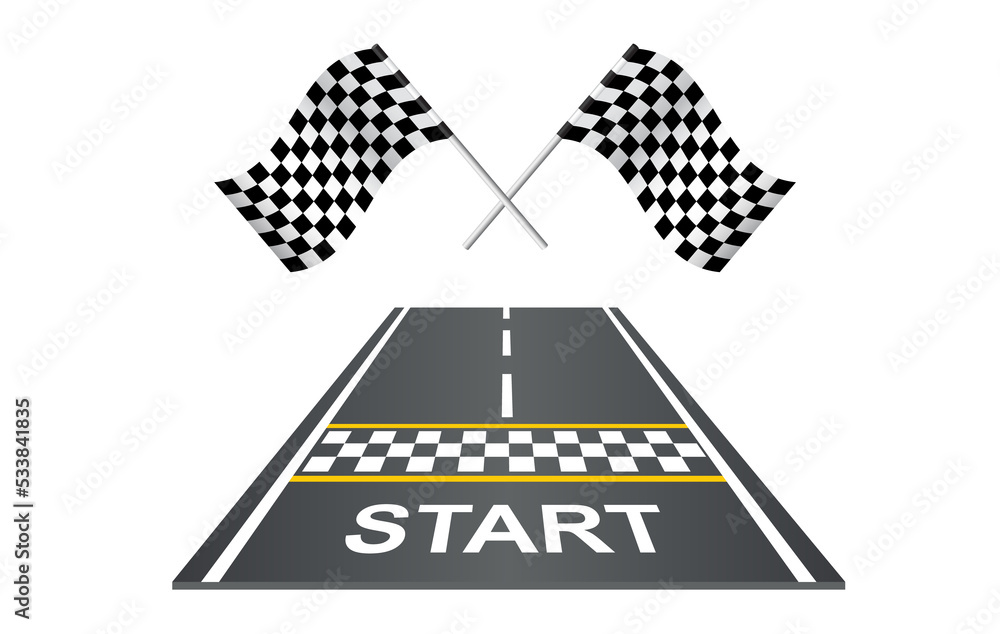 Race track road with flags and start line perspective view. Road design ...