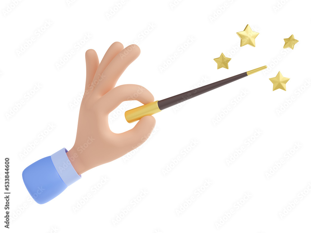 Wizard hand hold magic wand with golden stars. Icon of miracle ...