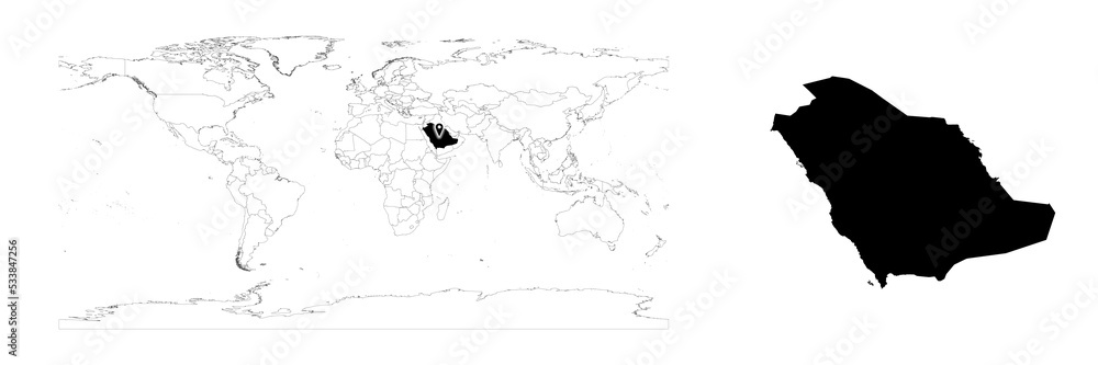 Vector Saudi Arabia map showing country location on world map and solid ...