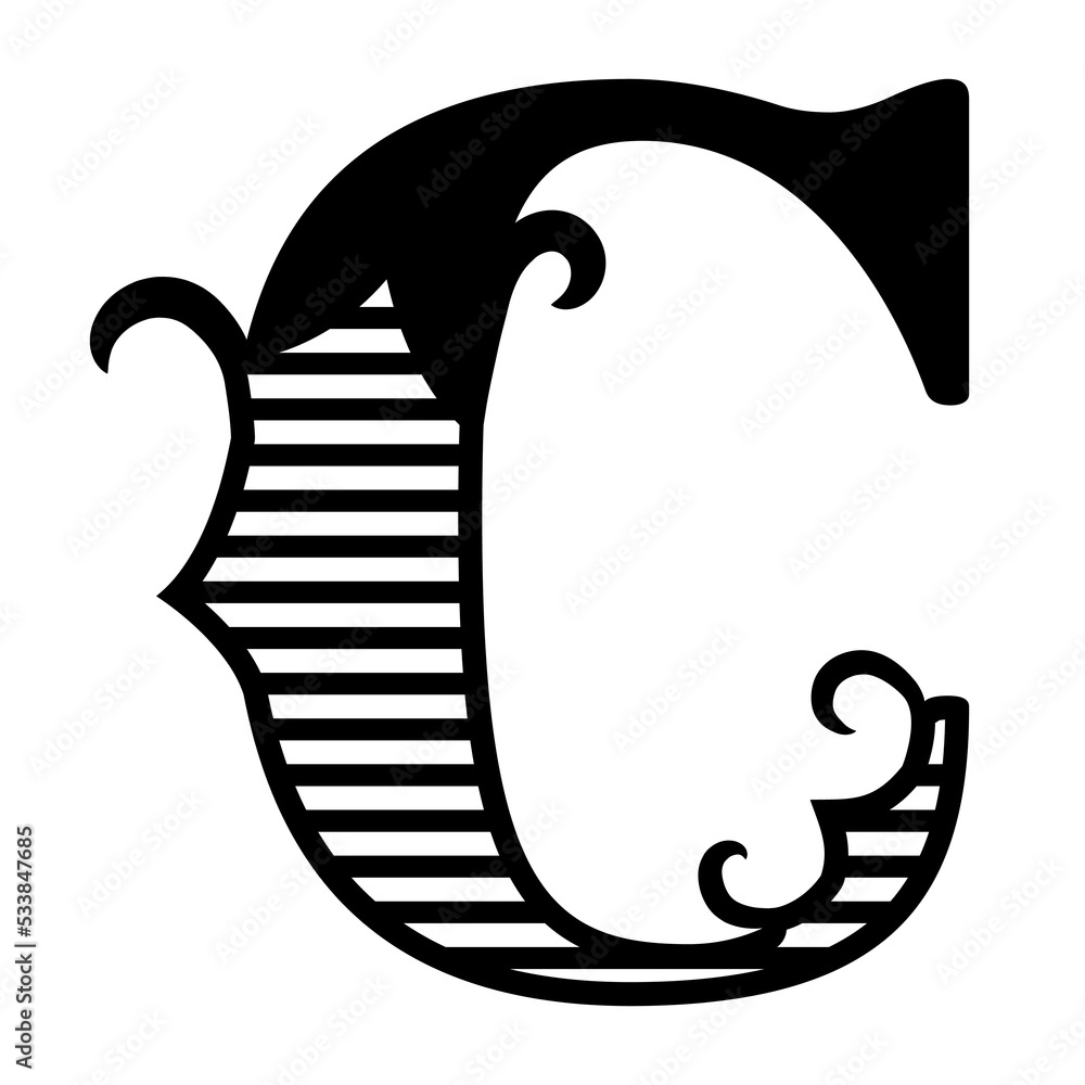 Letter C monogram, logo. Capital letter with swirls and carved shading ...