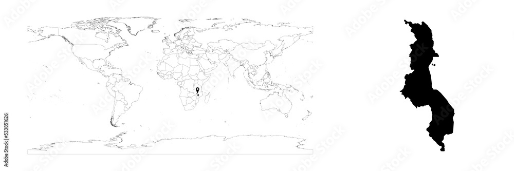 Vector Malawi map showing country location on world map and solid map ...