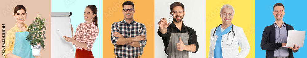 Collage with photos of people of different professions on color ...