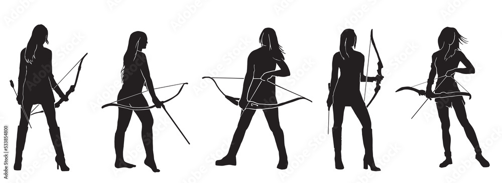 Set of archer Silhouette, a female warrior character design. Silhouette ...