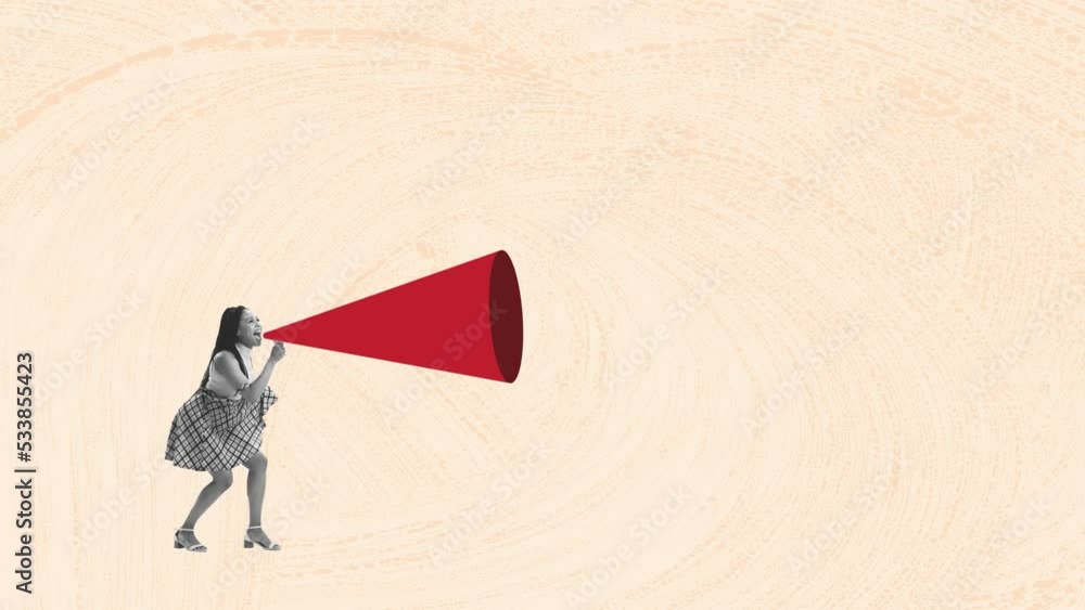 Censorship. Young emotional girl shouting at huge red megaphone ...