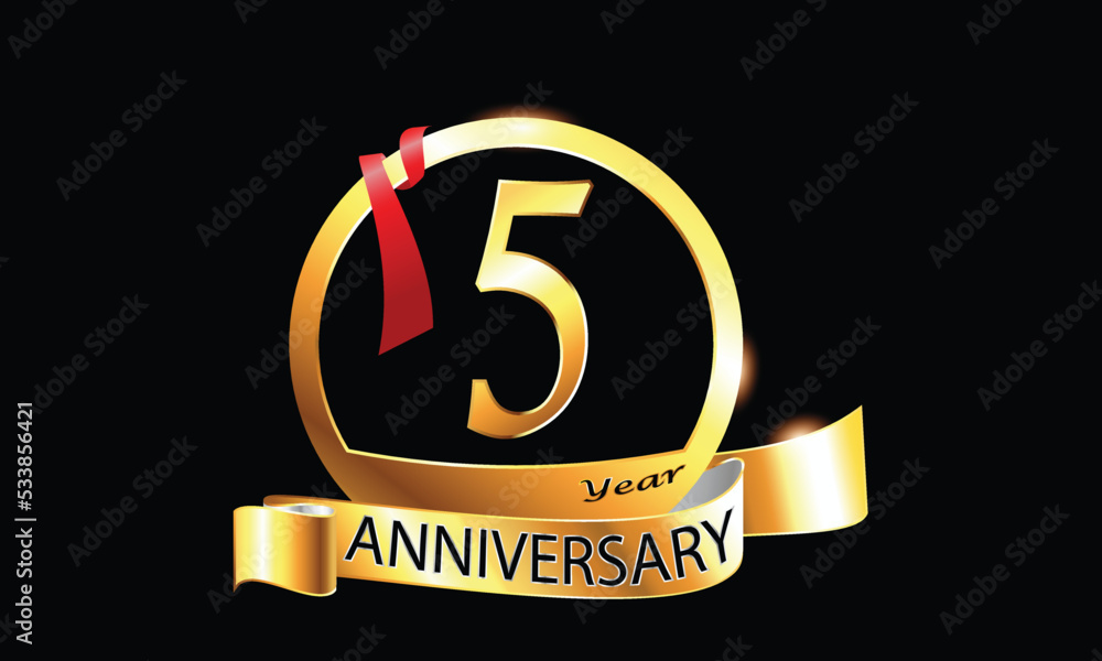 5 Year Anniversary celebration Vector Design with ring and red ribbon ...