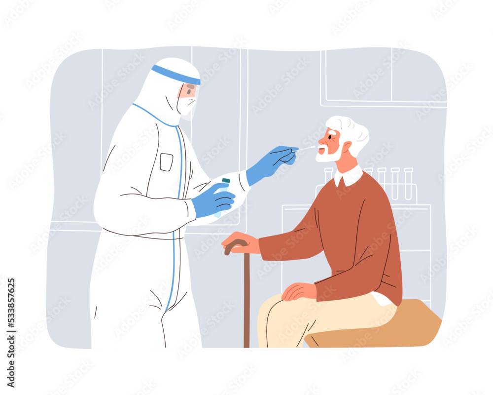Senior patient during covid-19, coronavirus rapid PCR test. Collecting ...