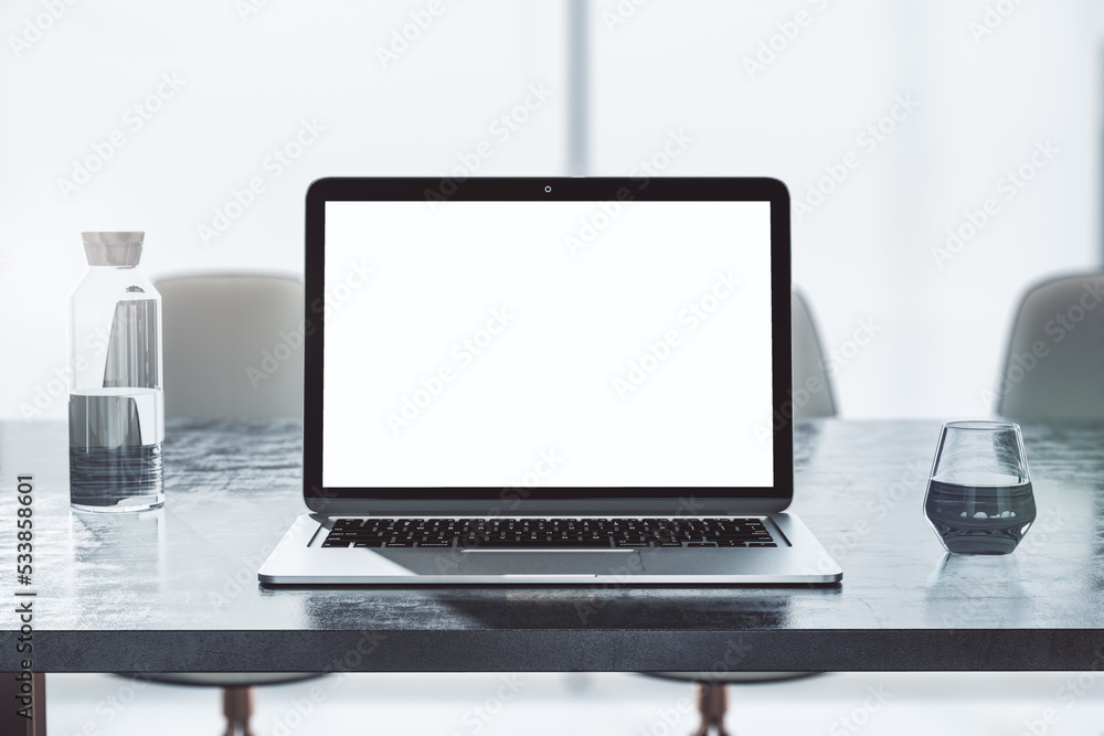 Front view on blank white modern laptop screen with space for your logo ...