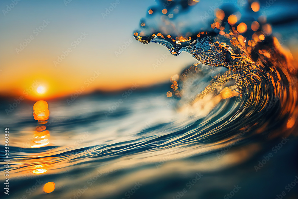 Closeup of a rolling and splashing wave in the sea with the sunrise in ...
