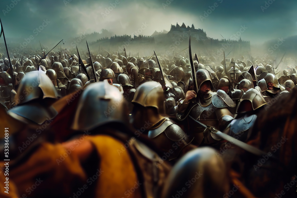 Reconstruction of a medieval battle with metal armour knights, soldiers ...
