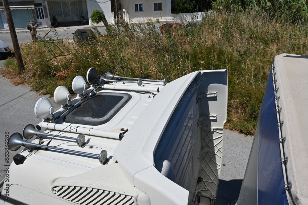 Top view on the roof of cabin of white big lorry or truck equipped with ...