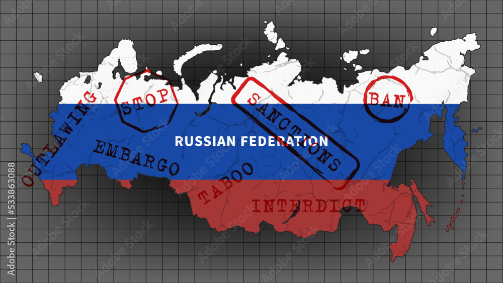 Map of the Russian Federation in the colors of the state flag on a dark ...