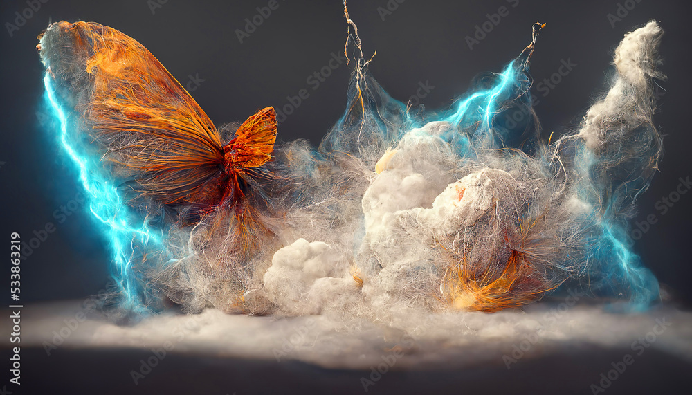 Colorful 3D butterfly drawing with open wings merged with smoke in a ...