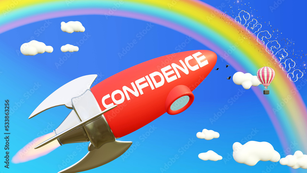 Confidence help achieving success in business and life. Cartoon rocket ...