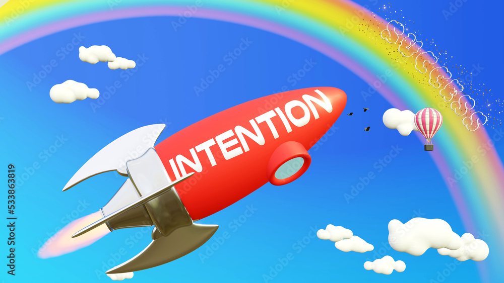 Intention help achieving success in business and life. Cartoon rocket ...