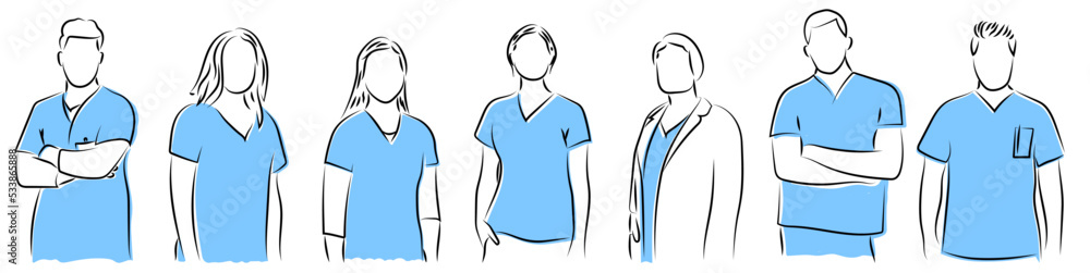 7 Personen Pflegepersonal Zeichnungen Vektor Grafik | People Nursing ...