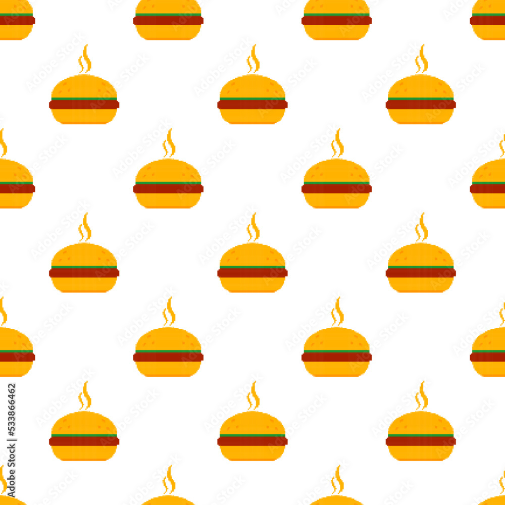 Pixel burger seamless pattern. 8-bit burger. Pixel art fast food icon ...