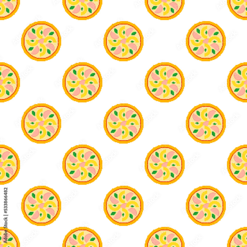 Pixel pizza seamless pattern. 8-bit pizza hawaiian. Pixel art fast food ...