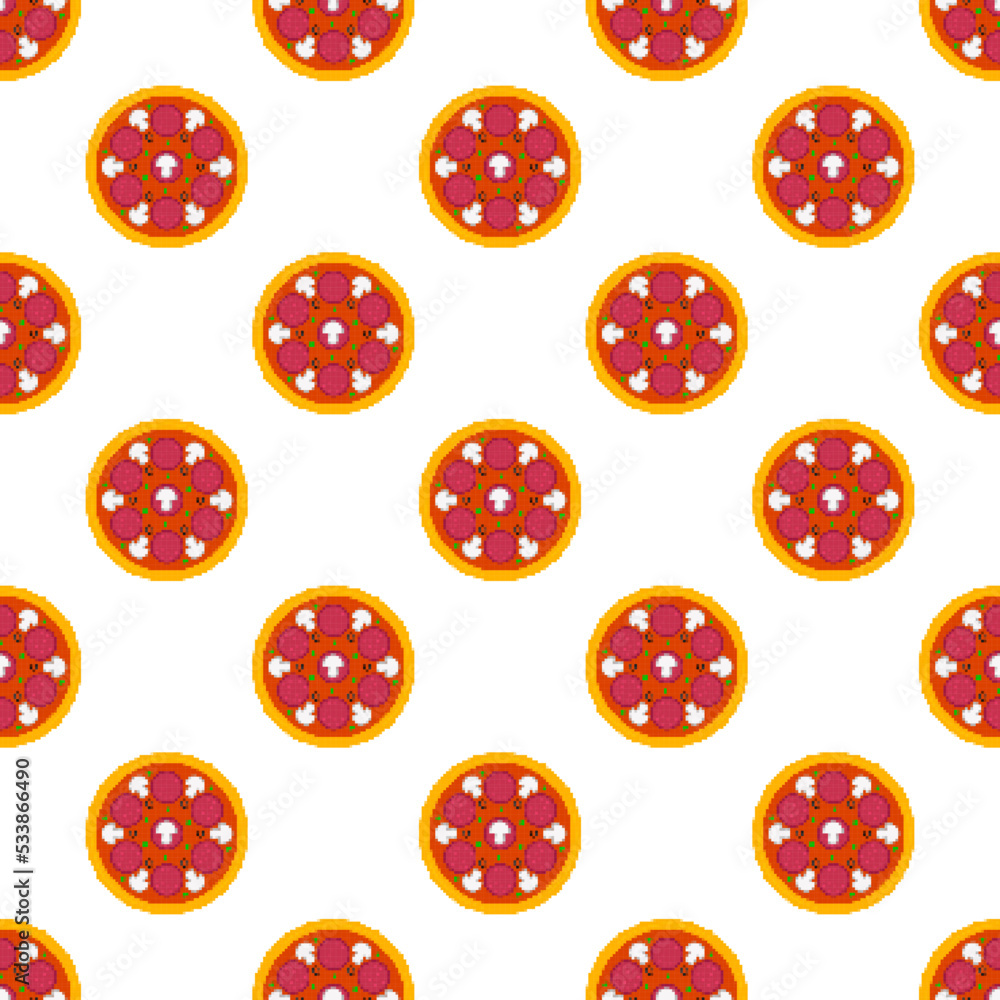 Pixel pizza seamless pattern. 8-bit pizza colored. Pixel art fast food ...