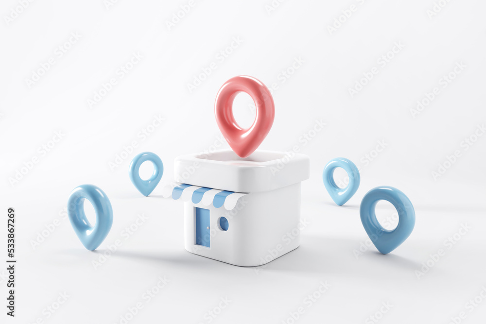 Franchise business growth concept, Minimal shop with location map pin ...