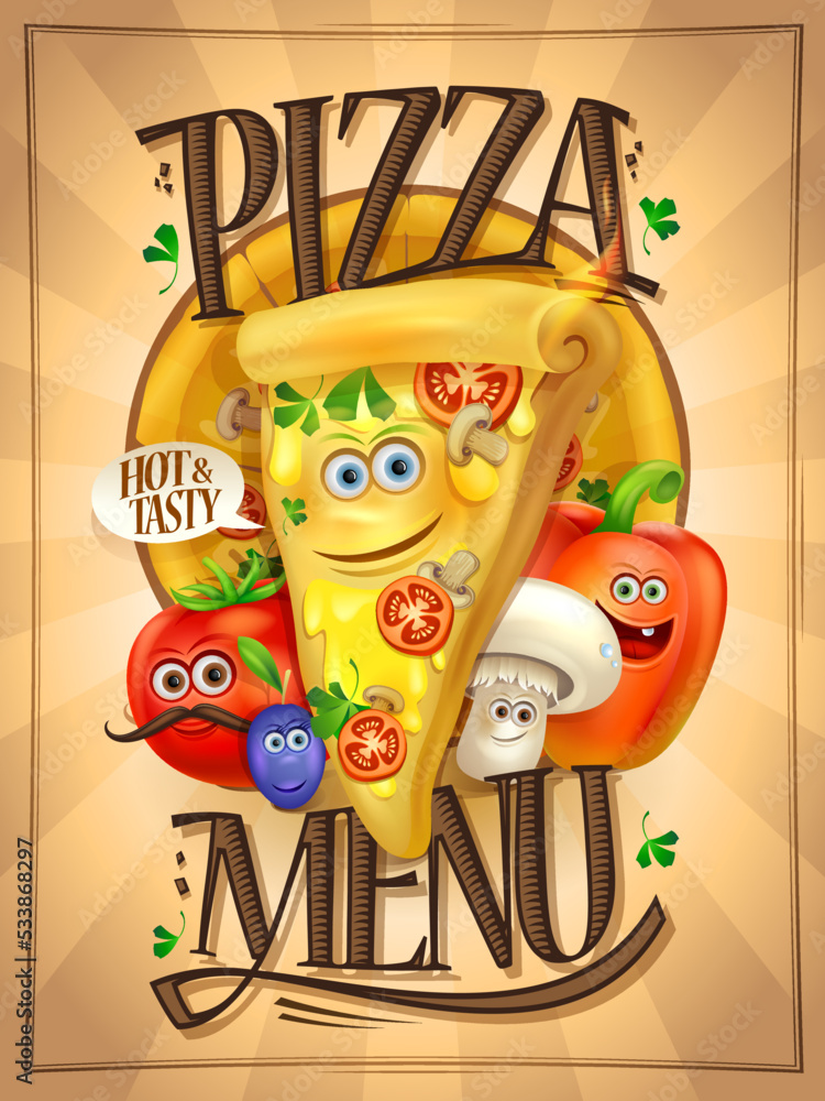 Pizza menu cover with cartoon personages - pizza and vegetables Stock ...