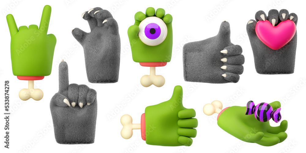 3d furry wolf hands set in plastic cartoon style. Different fingers and ...