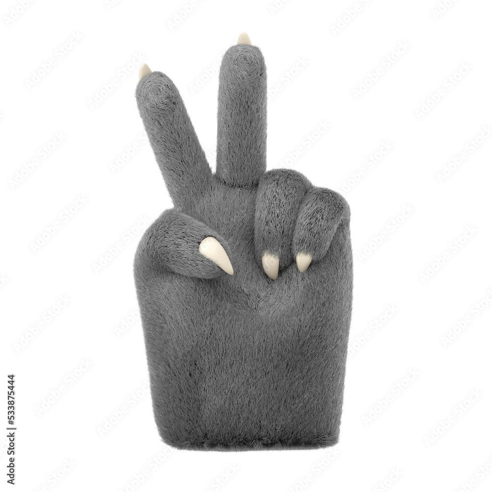 3d furry wolf hands in plastic cartoon style. Peace fingers gesture ...
