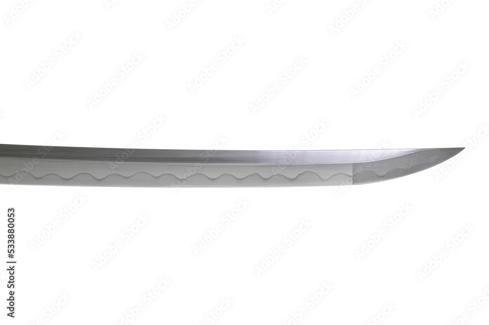 Japanese sword blade on white background. Soft focus. The wavy pattern ...