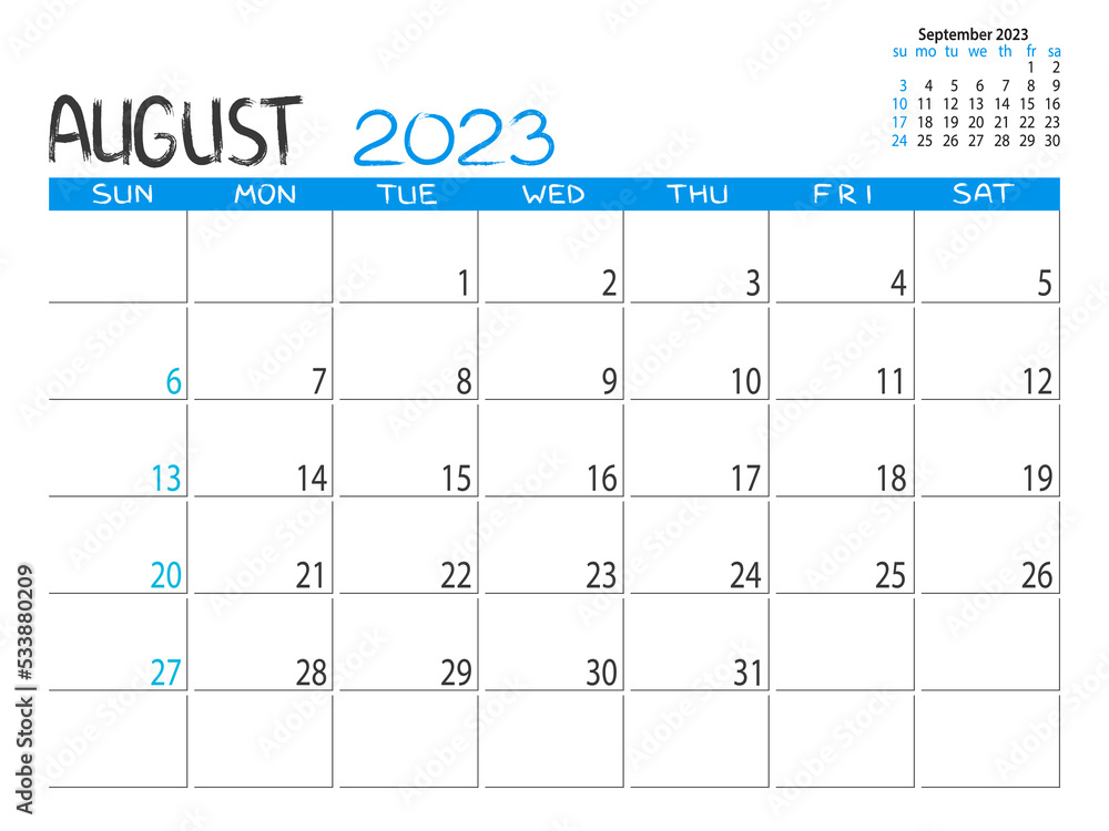 Calendar 2023 year. August 2023 planner. Desctop calendar design. 2023 ...