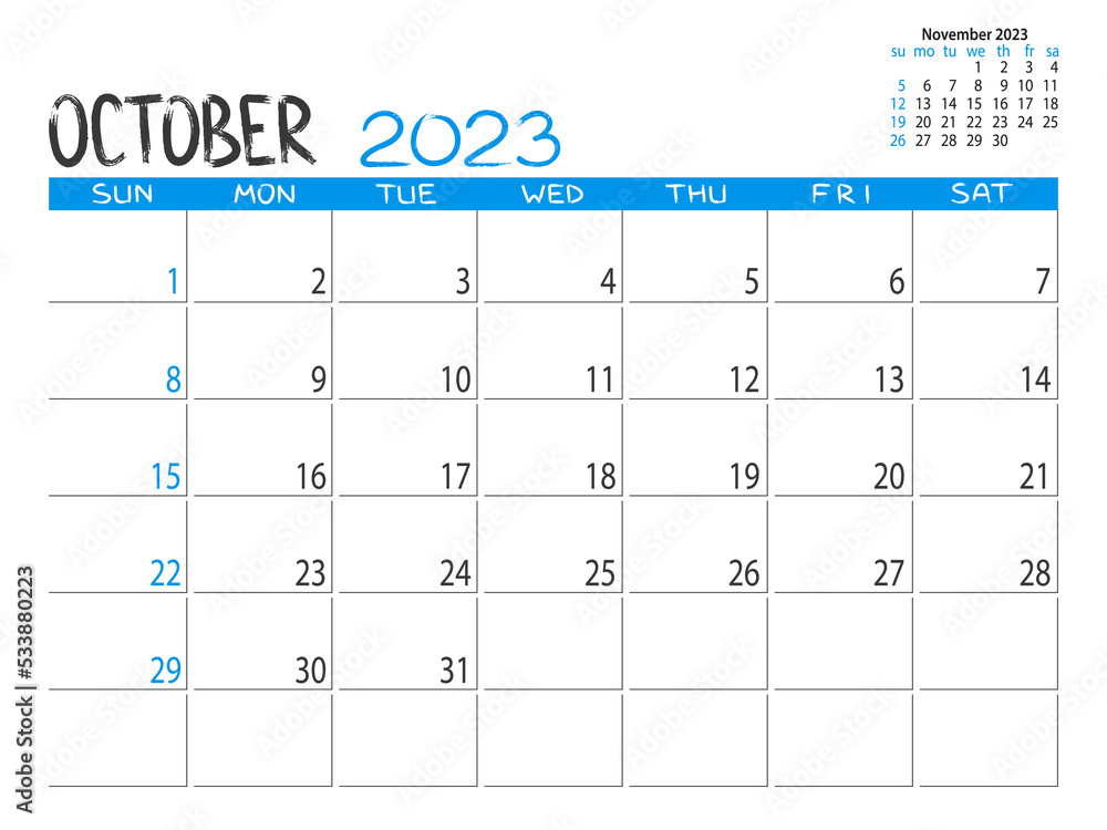 Calendar 2023 year. October 2023 planner. Desctop calendar design. 2023 ...