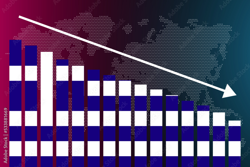 Greece bar chart graph, decreasing values, crisis and downgrade concept ...